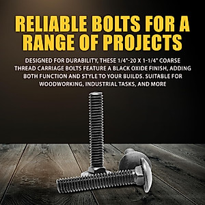 1/4"-20 x 1 1/4" (FT) Coarse Thread Grade 5 Carriage Bolts Medium Carbon Steel Black Oxide - Pack of 100