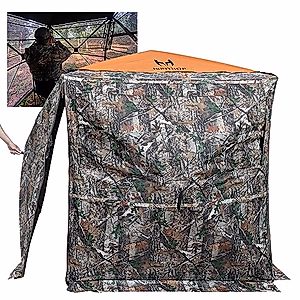 Hunthor Hunting Blind, 270° See Through Hunting Ground Blinds with Silent Zipper and Orange Blind Cap, Portable 2-3 Person Pop Up Hunting Tent for Deer and Turkey Hunting with Carry Bag