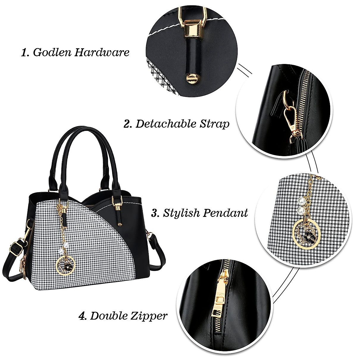 KKXIU Triple Compartments Purses and Handbags for Women Fashion Ladies Satchel Shoulder Top Handle Bag (1-Black)