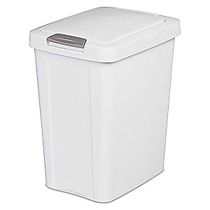 Sterilite 10438004 7.5 Gallon Slim Profile TouchTop Wastebasket with Titanium Latch, Fits 8 Gal Trash Can Bags, Locks in Garbage Bin Odors, White 8 Ct