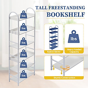Bellemave 6-Tier Bookcase Freestanding Bookshelf with MDF Board & Round Top Frame, Narrow Rectangular Storage Shelves Adjustable Foot Pads for Living Room, Small Spaces (White) Narrow White (6-tier)