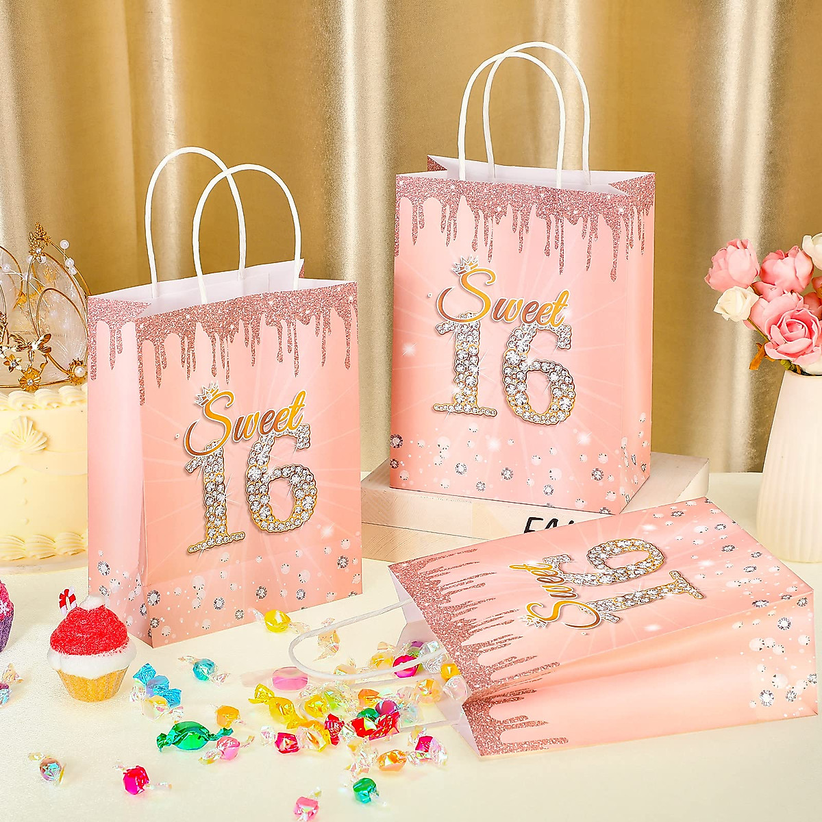 Teling 18 Pcs Sweet 16 Party Favors Sweet 16th Birthday Gift Bags Sweet 16 Birthday Goodie Bags Candy Treat Bags with Handle Sweet 16 Birthday Decorations for 16th Birthday Party Supplies(Rose Gold)