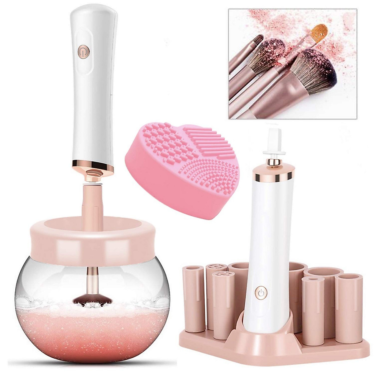 Makeup Brush Cleaner and Dryer Machine, YOYEWA Electric Cosmetic Automatic Brush Spinner with 8 Size Rubber Collars, Wash and Dry in Seconds, Deep Cleaner Solution Kit for Makeup Brushes