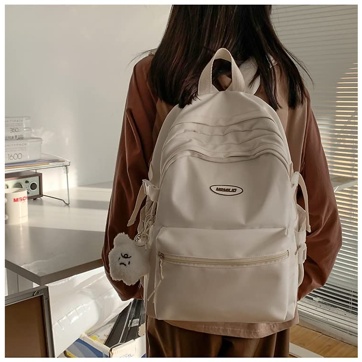 IECSHDU Kawaii Aesthetic Laptop Backpack Large Capacity Casual Daypack Cute Plush Pendant Simple Design Laptop Bag Supplies (Beige/White)