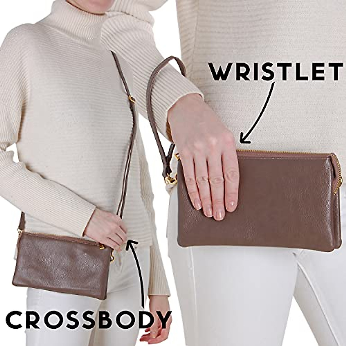 Humble Chic Vegan Leather Wristlet Wallets for Women, Phone Clutch or Small Purse Crossbody Bag, Includes Adjustable Shoulder and Wrist Straps, Taupe Brown, Tan