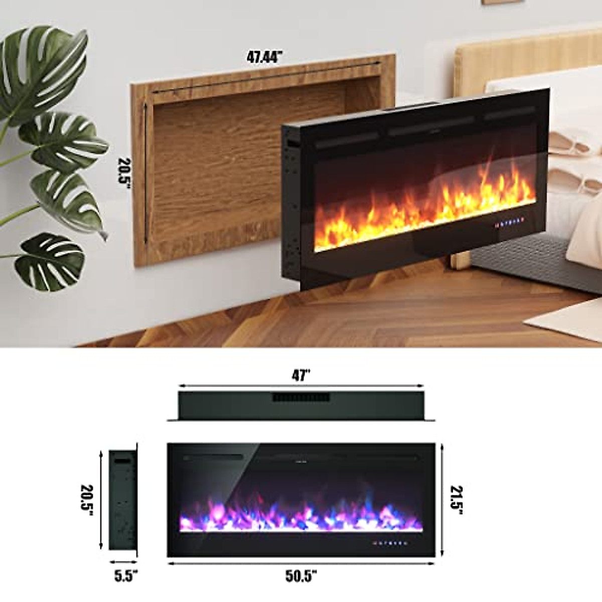 ORALNER Electric Fireplace 50 Inch Wide, Recessed in-Wall & Wall-Mounted Fireplace Insert Heater with Remote, 8H Timer, 9 Flame Colors & 5 Adjustable Brightness, Thermostat, 750W/1500W (50 Inches)