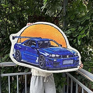Generic Cool Blue Racing Car Shape Rug Boy's Room Decoration Gifts Handmade Acrylic Non-Slip Bedroom Living Room Decorative Plush Carpet (39"" x 28.5"")