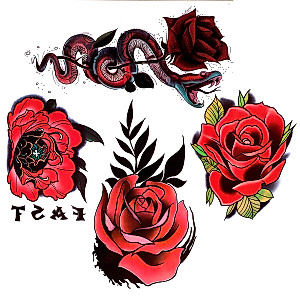 Oottati Waterproof 4 Sheets Back of Hand Fake Temporary Tattoo Stickers Colorful Red Rose Snake Flower
