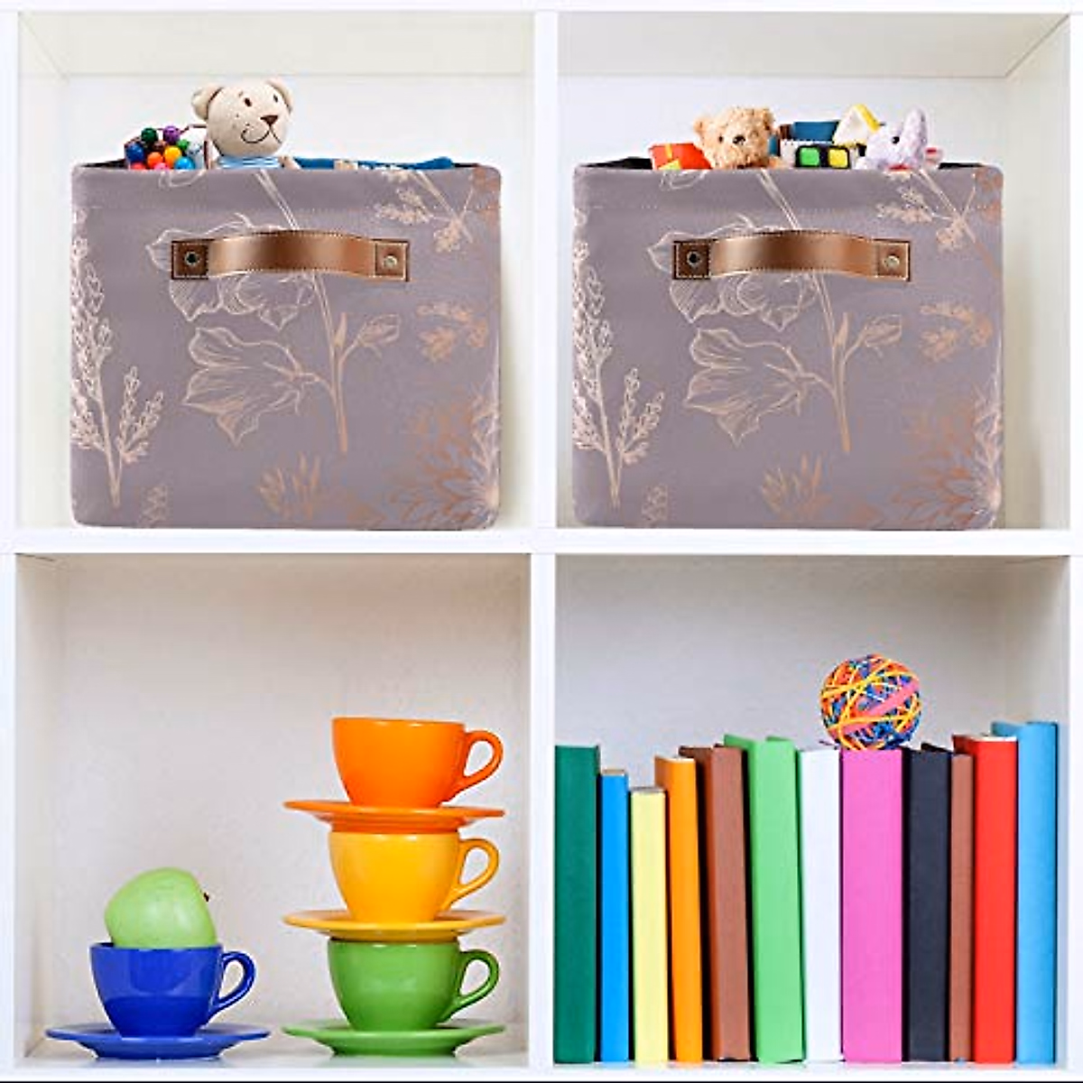 susiyo Large Foldable Storage Bin Rose Gold Elegant Floral Fabric Storage Baskets Collapsible Decorative Baskets Organizing Basket Bin with PU Handles for Shelves Home Closet Bedroom Living Room-2Pack