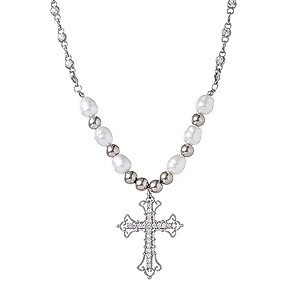 Y2k Pearl Cross Necklace Coquette Aesthetic Baddie Irregular Pearl Crystal Cross Chain Necklace Cool Punk Vintage Jeweley for Women