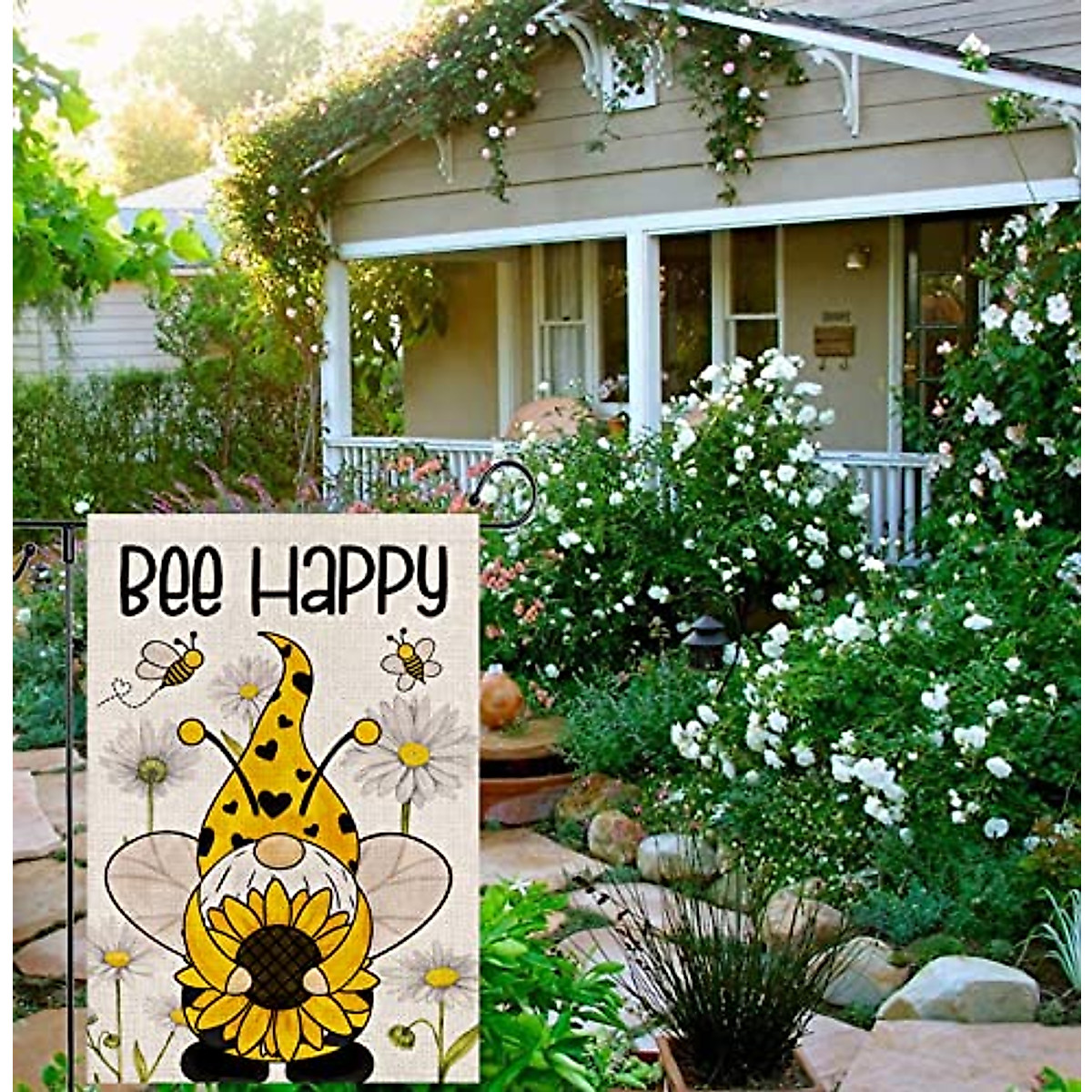 Texupday Bee Happy Gnome With Sunflower Daisy Decoration Double Sided Burlap Garden Flag Spring Summer Seasonal Outdoor Yard Flag 12" x 18"