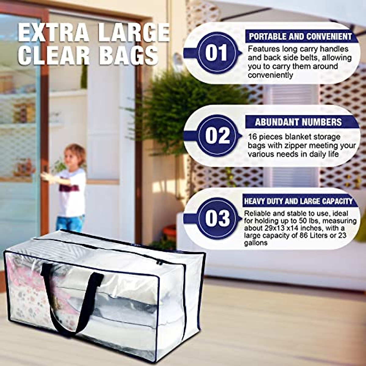 CHUMIA 16 Pieces Heavy Duty Extra Large Clear Storage Bags Backpack Straps Strong Handles Bags Reusable Clear Bags Space Saving Packing Bags for Moving, College Dorm, Traveling, Christmas Decorations