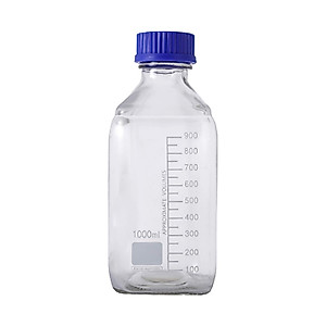 Moonetto 4 Pack 1000mL Graduated Square Media/Storage Glass Bottle With GL45 Blue Polypropylene Screw Cap