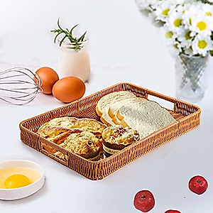 Yarlung 3 Pack Woven Baskets Serving Trays with Handles, Poly Wicker Bread Baskets Rectangular Platters for Fruit, Vegetables, Breakfast, Drinks, Snacks, Dining Coffee Table, 3 Sizes