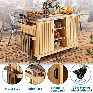 YITAHOME XL Solid Wood Outdoor Table and Storage Cabinet, 59.64’’L x 23.62’’W Movable Grill Table with Stainless Steel Top, Side Handle, Spice Rack for Outside, Patio Bar, Outdoor Kitchen Island