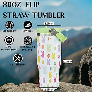 HOWSEESNOW 30oz Easter Tumbler with Handle and Straw, Colorful Rabbits Insulated Tumbler, Leak Proof Travel Coffee Mug, Reusable Stainless Steel EasterEgg Tumbler, Easter Gifts for Women