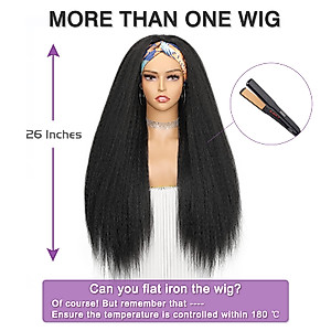 WIGNEE 26 Inches Kinky Straight Headband Wig for Women Yaki Straight Wigs with Black Headband Kinky Afro Wigs For Black Women
