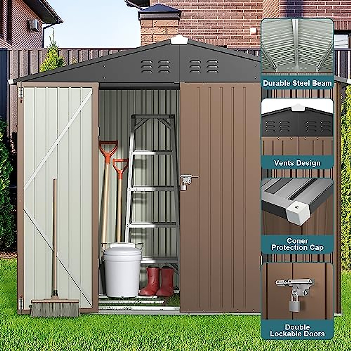 Gizoon Outdoor Storage Shed 8 x 6 FT with Metal Base Frame, Galvanized Metal Garden Shed with Double Lockable Doors, Weather-Resistant Outdoor Storage Clearance for Backyard Patio Lawn-Light Brown