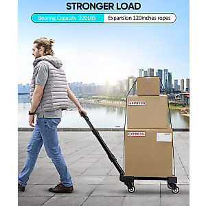 Lougnee Folding Hand Truck, 4 Wheels Fold Up Hand Cart with 2 Elastic Ropes, Portable Foldable 220 lbs Capacity Heavy Duty Luggage Cart, Utility Dolly Platform Cart for Car House Office Moving, Black