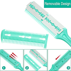 3 Pieces Razor Comb with 10 Pieces Razors, Hair Cutter Comb Cutting Scissors, Double Edge Razor, Hair Thinning Comb Slim Haircuts Cutting Tool (Green)