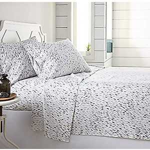 Southshore Fine Living, Inc. Botanical Leaves Collection, 4-Piece, 14-Inch Deep Pocket Sheet Set, Shrinkage Free with 1 Flat Sheet, 1 Fitted Sheet, 2 Pillowcases, White with Grey Leaves, King