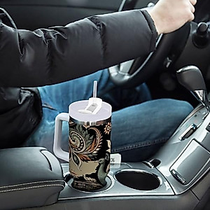 Maunzc 30 oz Tumbler with Handle and Straw, Insulated Stainless Steel Travel Mug with Lid for Coffee, Iced Tea, Water, Gift for Men Women (Peacock Paisley Textile)