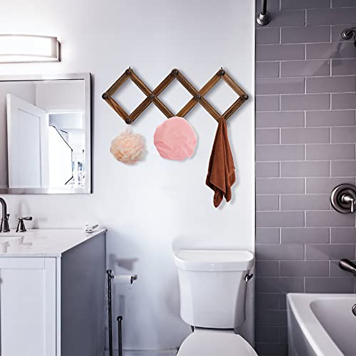 TRSPCWR 2 Pack Accordion Wall Hanger, Expandable Coat Rack Wall Mounted, Solid Wooden Wall Hat Rack, Wood Hat Hanger for Hanging Coat, Hats, Caps, Mugs, 10 Peg, Brown