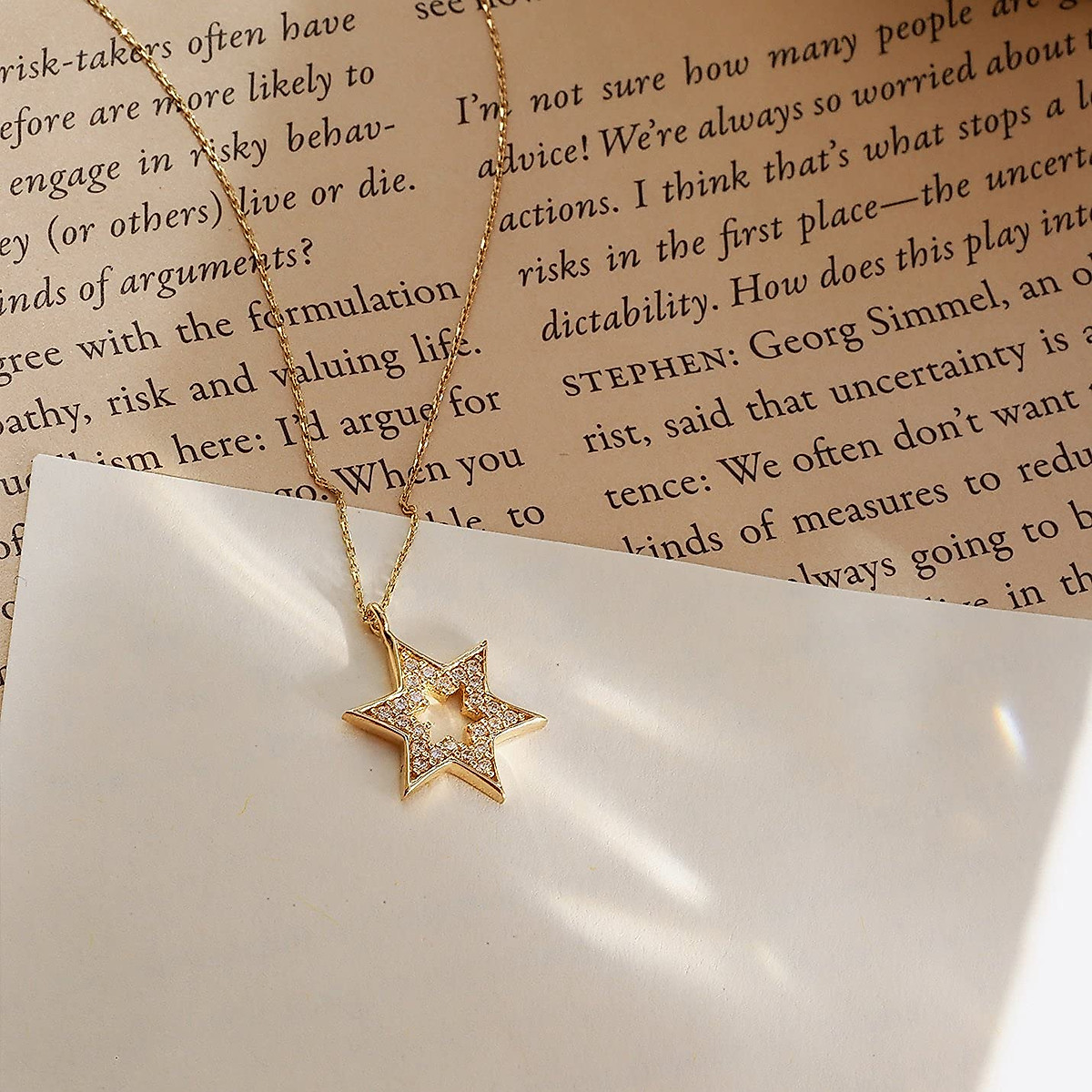 Star of David Necklace in 14K Solid Gold | Jewish Star Pendant Necklace in 14k Gold | Celestial Jewelry, 18"