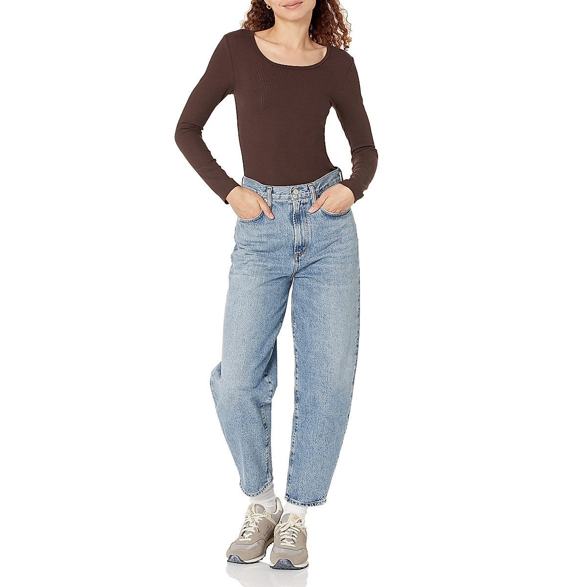 Amazon Essentials Sweater for Women, Long Sleeve Slim-Fit Rib Scoop Neck (Available in Plus Size), Pack of 2, Eggshell White/Espresso, Large