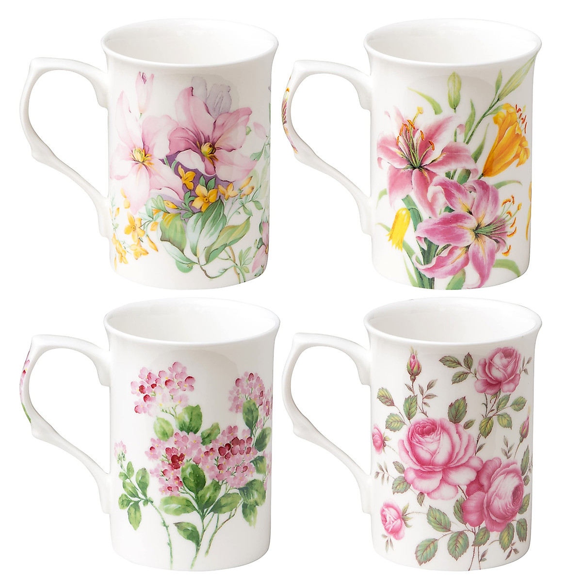 Grace Teaware Bone China Coffee Tea Mugs 9-Ounce, Assorted Set of 4 (Spring Floral)