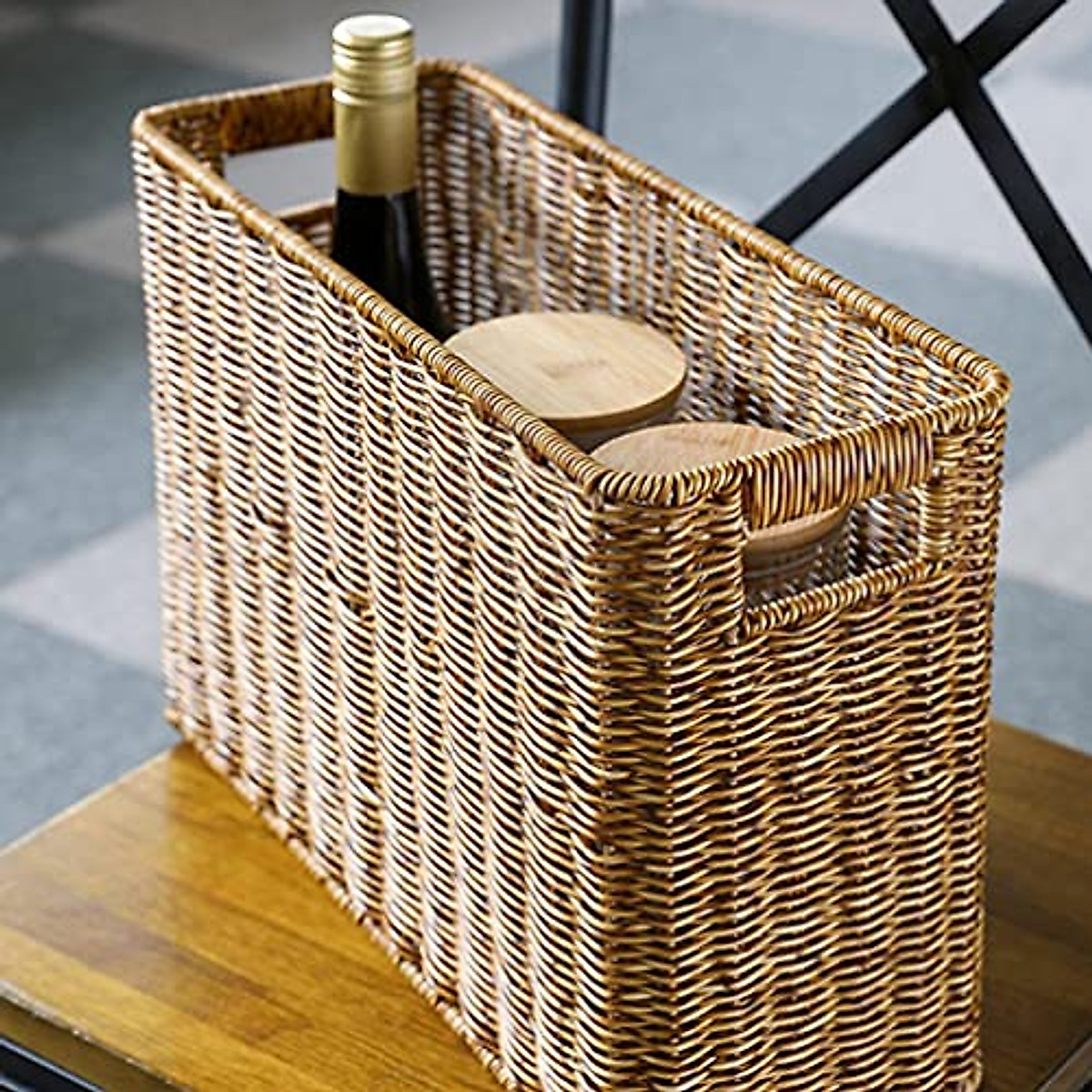 Ipetboom Magazine Wicker Basket Rectangular Basket Bins Woven Files Holder Rectangular Basket Bin Books Organizer Case Farmhouse Standing Rack for Shelf Home Office Brown