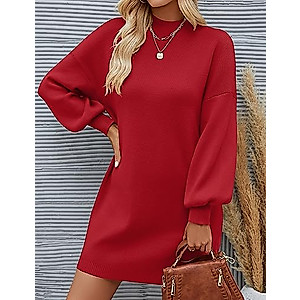 ZESICA Women's 2023 Fall Turtleneck Sweaters Dress Oversized Long Lantern Sleeve Casual Knit Pullover Short Dresses,Red,Small