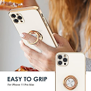 Hython Case for iPhone 11 Pro Max Case with Ring Stand, Plating Rose Gold Edge 360° Rotatable Ring Holder Magnetic Kickstand Cover, Slim Soft TPU Luxury Protective Phone Case, White