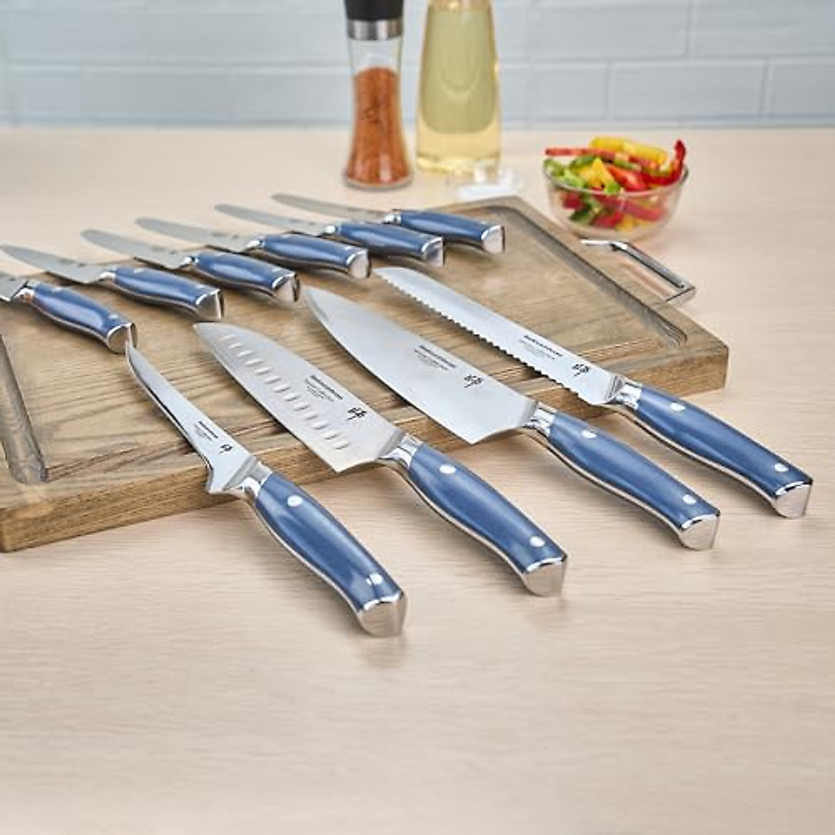 Restaurantware Sensei 10-Piece Knife Set 1 Sharp Professional Knife Set For Chefs - Damascus Steel 67 Layers Blue German Steel Steel Knife Set Ergonomic Handle For Multi Purpose Kitchen Use