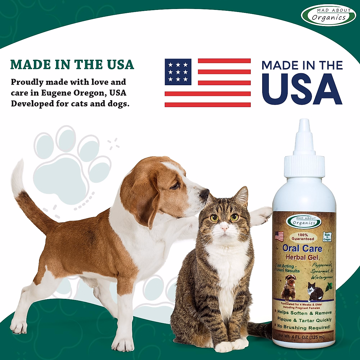 Mad About Organics Herbal Oral Care Gel - Cat and Dog breath freshener, Helps Remove Plaque and Tartar, No Brushing Required, Fast Acting, Promotes Healthy Teeth and Gums - 4oz