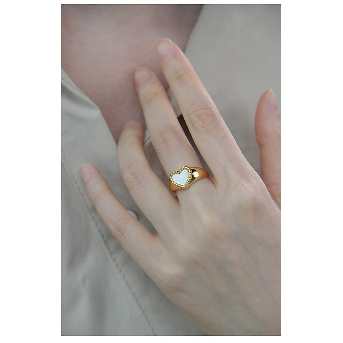 Vintage Heart S925 Sterling Silver Ring for Women Dainty Engagement Promise Love Expandable Open Finger Statement Stacking Rings Adjustable Fashion Valentine Mother's Day Shell Pearl Gold