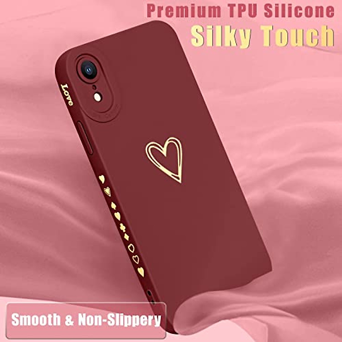 Teageo iPhone Xr Case 6.1" for Women & Girls, Luxury Love Heart, Soft Anti-Scratch Camera Protective, Silicone Shockproof Cover - Burgundy