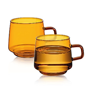 Joeyan Amber Glass Coffee Mugs Set of 2-10 oz Glass Stackable Coffee Cups with Handle - Colored Tea Cups Drinking Glasses for Espresso, Cappuccino, Latte, Tea, Milk