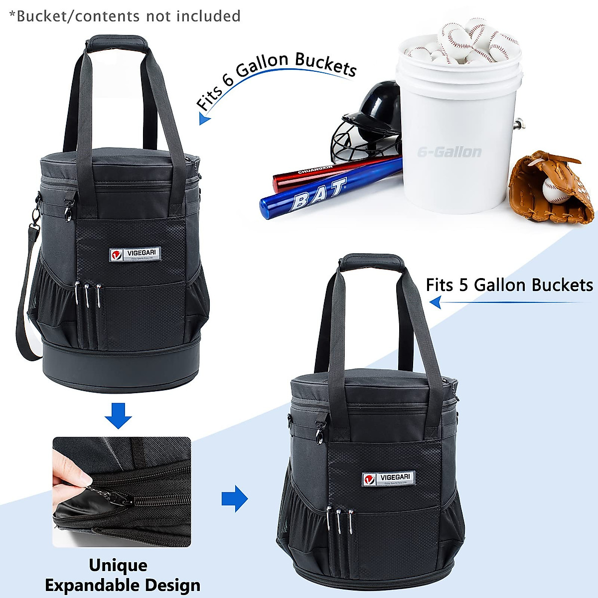 VIGERARI Baseball Bucket Bag-Baseball Coaches Bag-Expandable Softball Bucket Bag with Padded Seat-Coach Gifts-Baseball Bag for Training Equipment,Baseball Gear, Accessories-Baseball Bucket Organizer