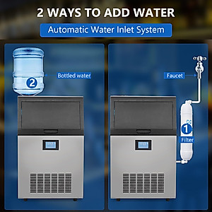 Commercial Ice Maker, 100lbs/24H, Ice Maker Machine, 50 Ice Cubes in 8-15 Minutes, Freestanding Cabinet Ice Maker with 33lbs Storage Capacity for Bar Home Office Restaurant, 2 Water Inlet Modes