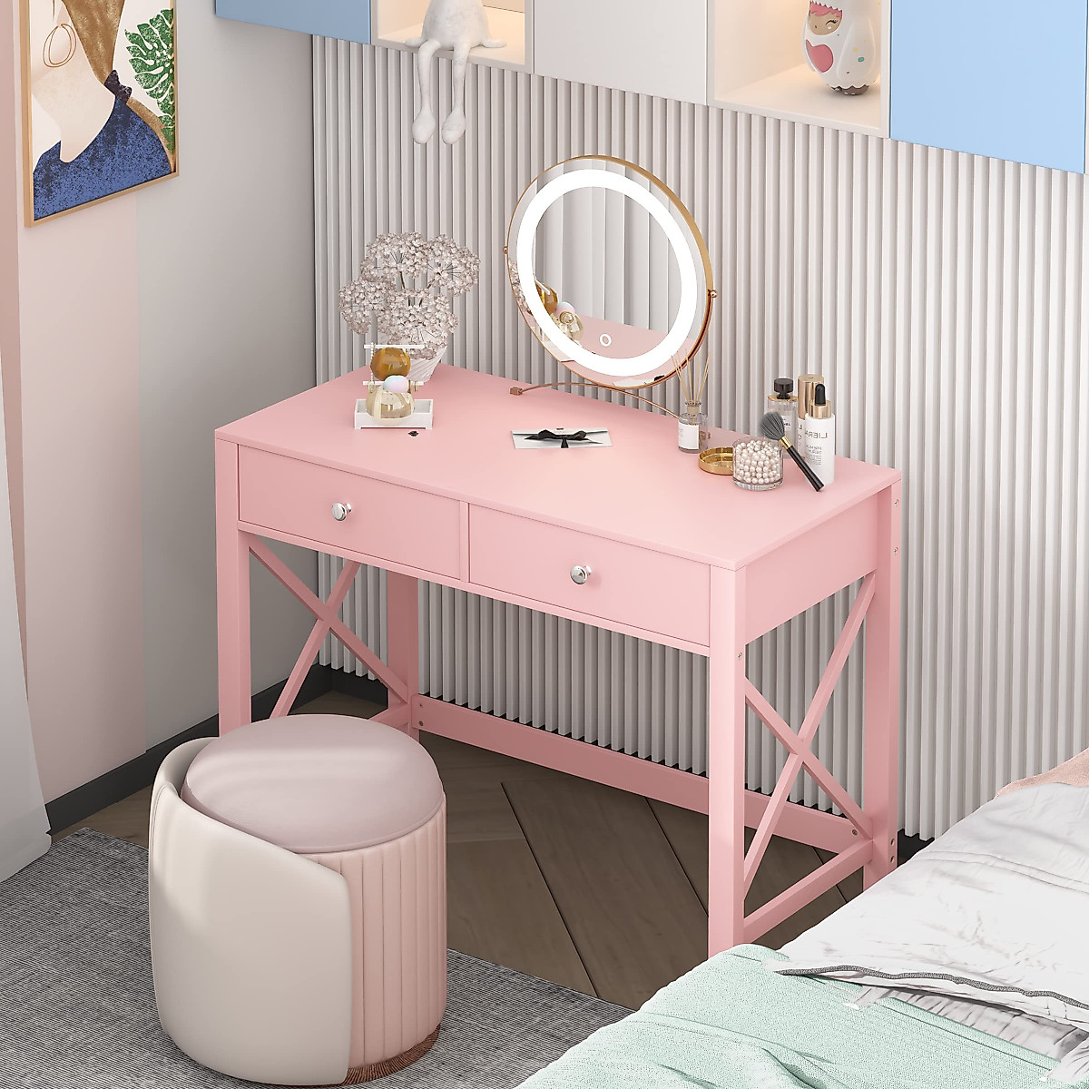 WiberWi Home Office Desk with Drawers, Modern Writing Computer Desk for Bedroom, Small Pink Makeup Vanity Table for Girls, Study Table for Home Office