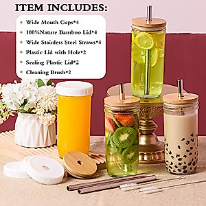 MOHARY [ 4 Pack ] Glass Cups Set - 24oz Mason Jar Drinking Glasses with Bamboo Lids & Straws & 2 Airtight Lids & 2 hole Lids - Cute Reusable Boba Bottle, Travel Tumbler for Tea, smoothie
