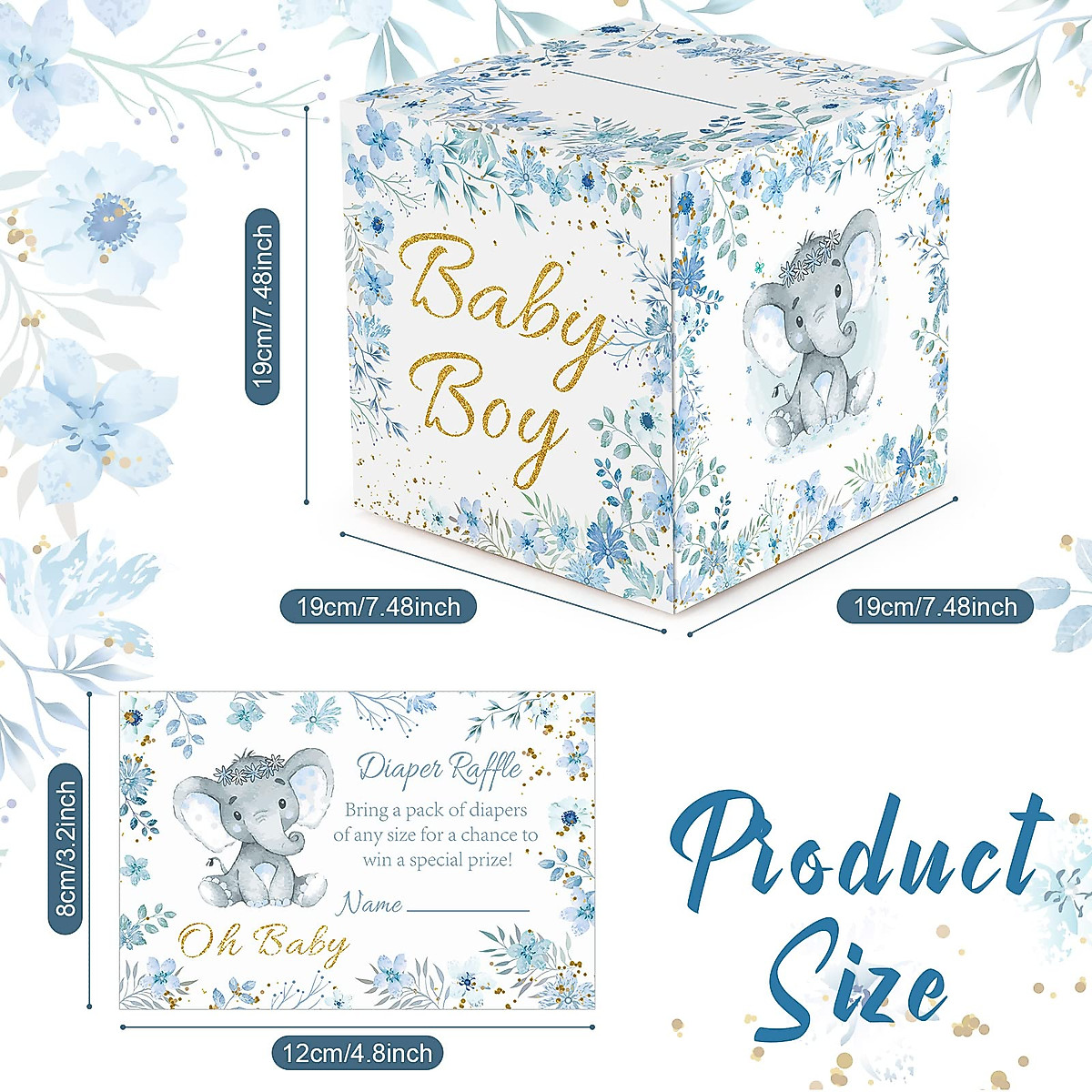 50 Pcs Elephant Diaper Raffle Tickets with Baby Shower Holder Box Baby Party Decorations Diaper Raffle Box Baby Shower Card Elephant Game Insert Card for Baby Boy Party Diaper Raffle Game Baby Shower
