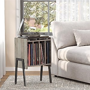 TUTOTAK Record Player Stand, Record Storage Table, End Table with Vinyl Holder Display Shelf, Side Table, Turntable Stand, Nightstand (Greige)