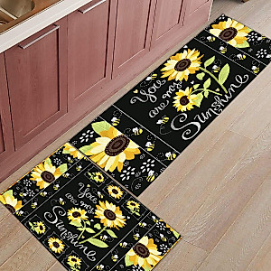 SODIKA Kitchen Rugs and Mats Non Slip Cushioned Anti Fatigue Machine Washable 2 Pieces Rug Set Kitchen Mats for Floor,You are My Sunflowers and Bees Framed Design (15.7"x23.6"+15.7"x47.2" inches)