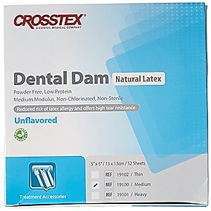 Crosstex 19100 Dental Dam, Latex, Unflavored, Medium Gauge, 5" x 5" Size, Blue (Pack of 52)