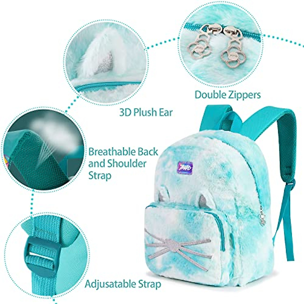 Bendopa Cat Backpack for Girls, Kids backpack Set with Pencil Case, Plush Kitty Schoolbag for Children, Furry Green