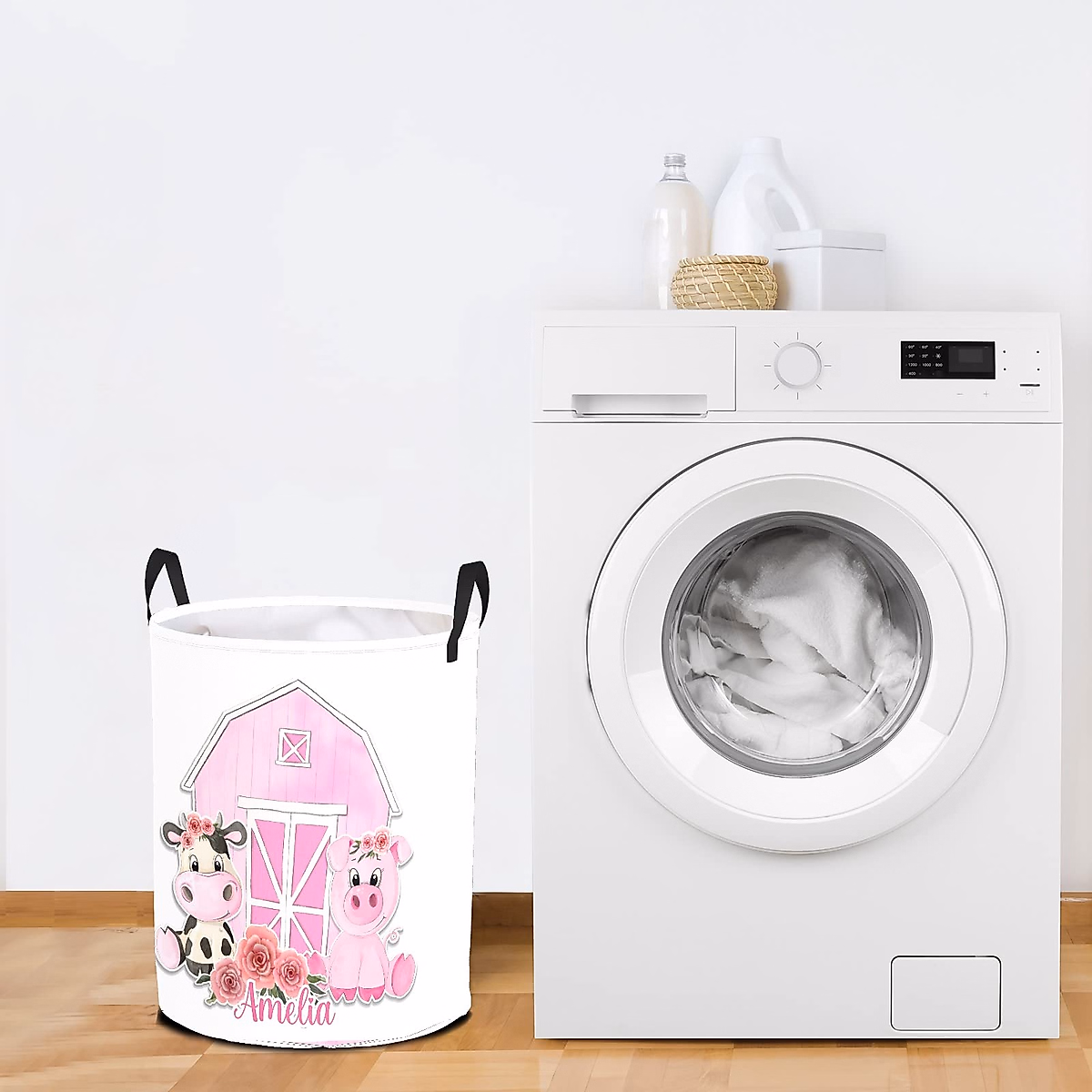 Personalized Laundry Basket Hamper,Cow Pig Flower Farm,Collapsible Storage Baskets with Handles for Kids Room,Clothes, Nursery Decor