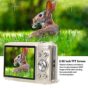 4K Digital Camera, 58MP 16X Zoom Auto Focus Vlogging Camera, Kids Compact Camera with 2.88Inch HD TFT Screen, Face Recognition, Timing Function, Fixed Focus Macro (Gold Color)