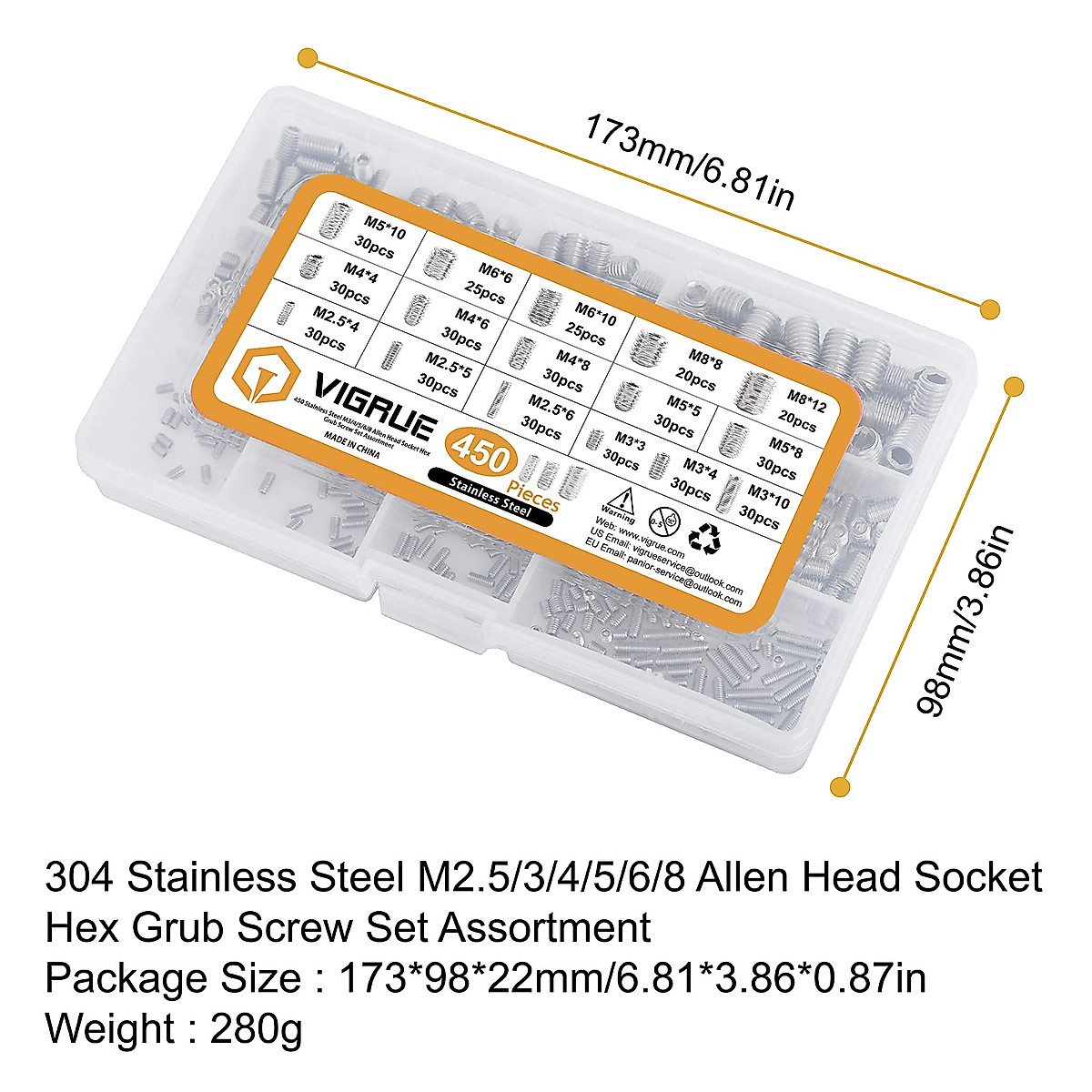 VIGRUE 450PCS M2.5/M3/M4/M5/M6/M8 Hex Allen Head Socket Set Screw Bolts Assortment Kit Grub Screw with Internal Hex Drive, 304 Stainless Steel
